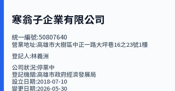 寒翁子企業有限公司的照片-統編 50807640(高雄市) 公司登記資料與營業項目詳細圖表