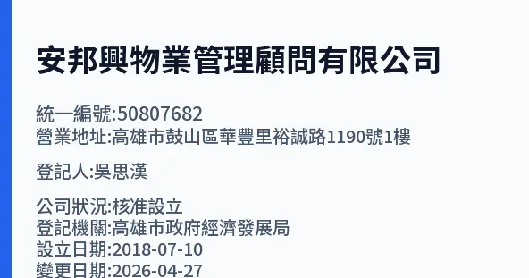安邦興物業管理顧問有限公司的照片-統編 50807682(高雄市) 公司登記資料與營業項目詳細圖表