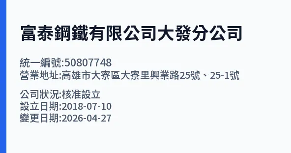 富泰鋼鐵有限公司大發分公司的照片-統編 50807748(高雄市) 公司登記資料與營業項目詳細圖表