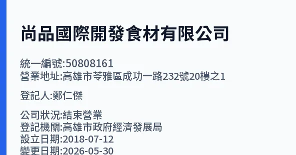 尚品國際開發食材有限公司的照片-統編 50808161(高雄市) 公司登記資料與營業項目詳細圖表