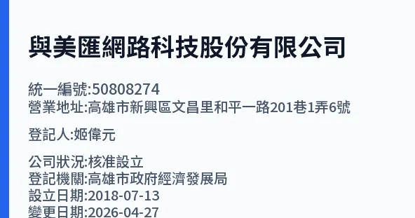 與美匯網路科技股份有限公司的照片-統編 50808274(高雄市) 公司登記資料與營業項目詳細圖表