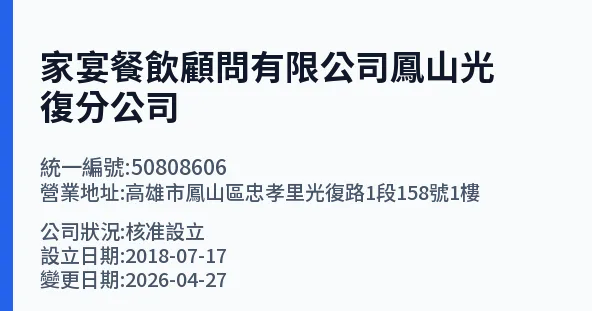 家宴餐飲顧問有限公司鳳山光復分公司的照片-統編 50808606(高雄市) 公司登記資料與營業項目詳細圖表
