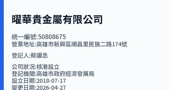 曜華貴金屬有限公司的照片-統編 50808675(高雄市) 公司登記資料與營業項目詳細圖表