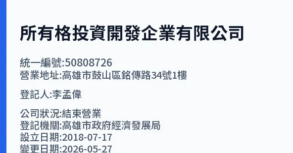 所有格投資開發企業有限公司的照片-統編 50808726(高雄市) 公司登記資料與營業項目詳細圖表