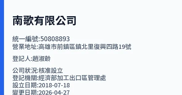 南歌有限公司的照片-統編 50808893(高雄市) 公司登記資料與營業項目詳細圖表