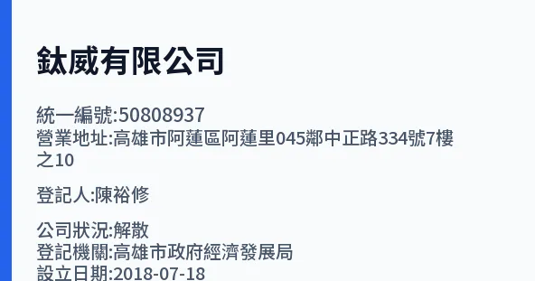 鈦威有限公司的照片-統編 50808937(高雄市) 公司登記資料與營業項目詳細圖表