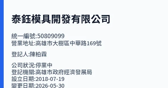 泰鈺模具開發有限公司的照片-統編 50809099(高雄市) 公司登記資料與營業項目詳細圖表