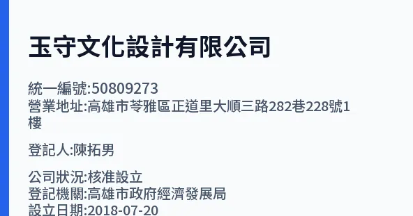 玉守文化設計有限公司的照片-統編 50809273(高雄市) 公司登記資料與營業項目詳細圖表