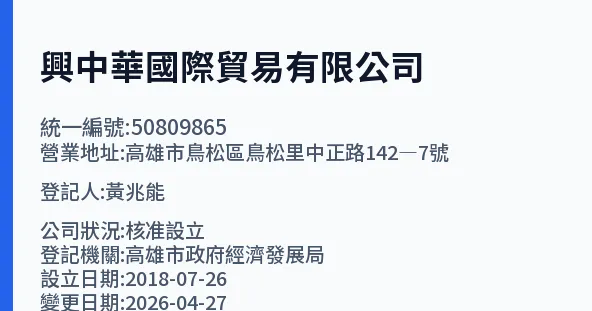 興中華國際貿易有限公司的照片-統編 50809865(高雄市) 公司登記資料與營業項目詳細圖表
