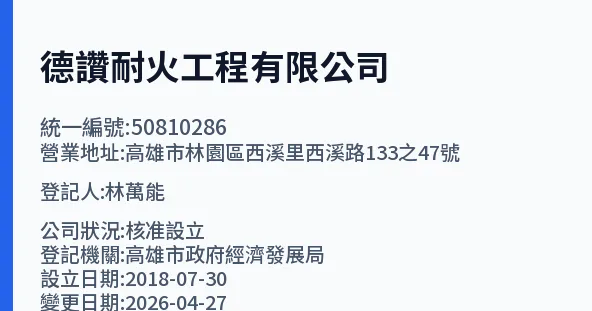 德讚耐火工程有限公司的照片-統編 50810286(高雄市) 公司登記資料與營業項目詳細圖表