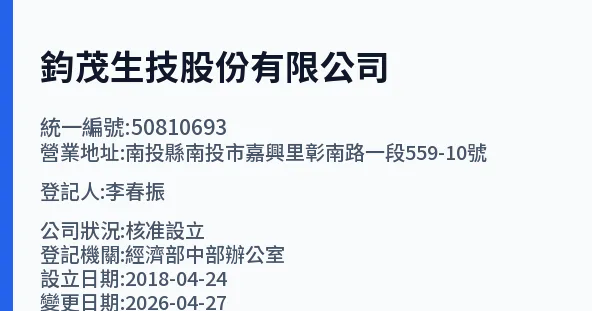 鈞茂生技股份有限公司的照片-統編 50810693(南投縣) 公司登記資料與營業項目詳細圖表