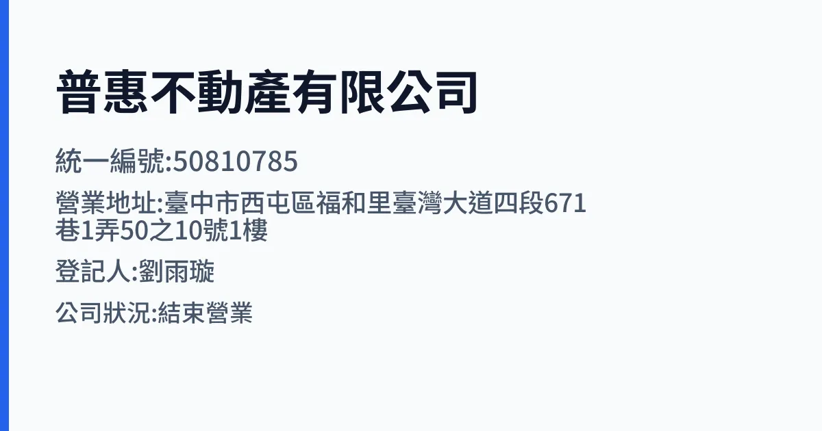 普惠不動產有限公司 - 統編 50810785(臺中市) 公司登記資料與營業項目詳細圖表