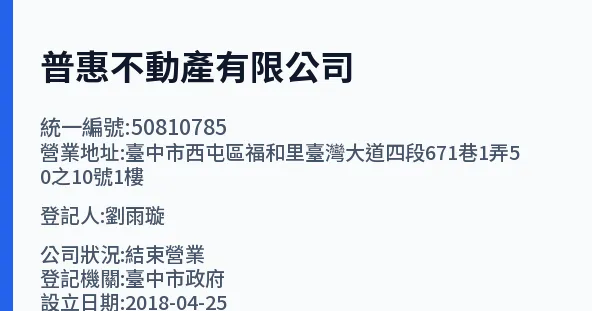普惠不動產有限公司的照片-統編 50810785(臺中市) 公司登記資料與營業項目詳細圖表