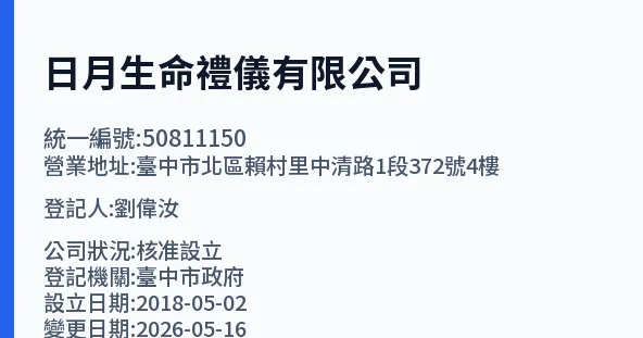 日月生命禮儀有限公司的照片-統編 50811150(臺中市) 公司登記資料與營業項目詳細圖表