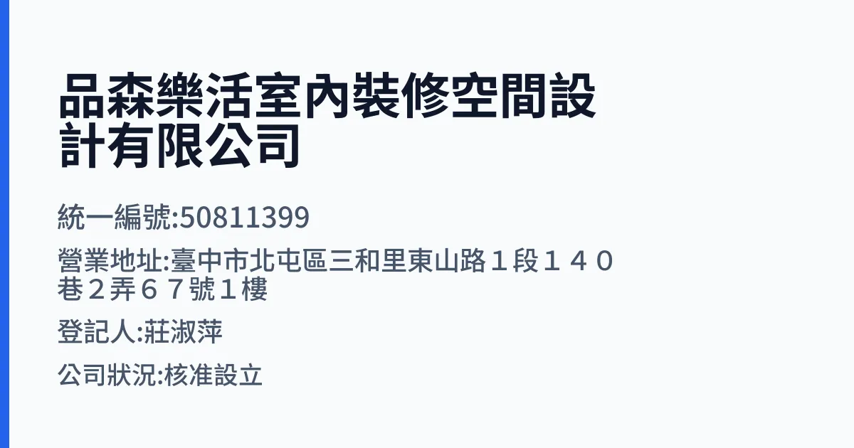 品森樂活室內裝修空間設計有限公司 - 統編 50811399(臺中市) 公司登記資料與營業項目詳細圖表