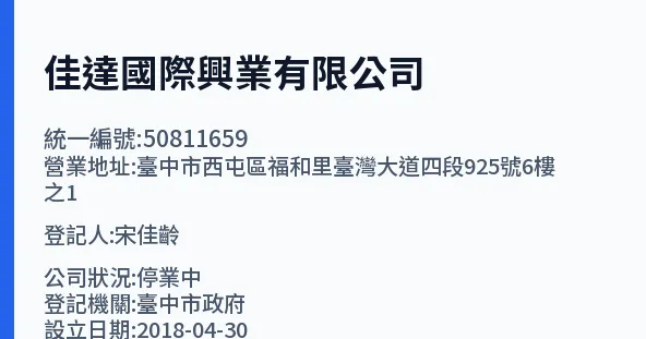 佳達國際興業有限公司的照片-統編 50811659(臺中市) 公司登記資料與營業項目詳細圖表
