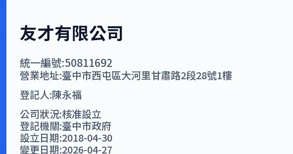 友才有限公司的照片-統編 50811692(臺中市) 公司登記資料與營業項目詳細圖表