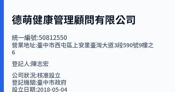 德萌健康管理顧問有限公司的照片-統編 50812550(臺中市) 公司登記資料與營業項目詳細圖表