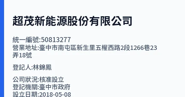 超茂新能源股份有限公司的照片-統編 50813277(臺中市) 公司登記資料與營業項目詳細圖表