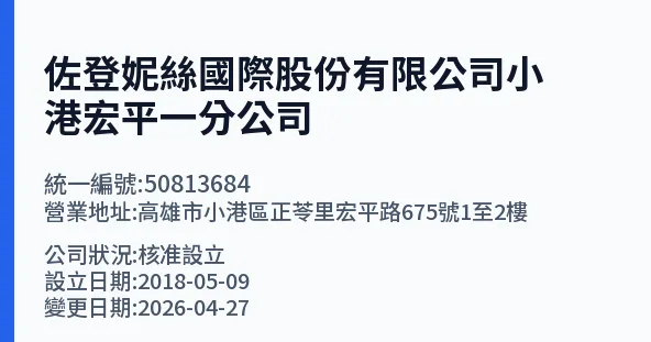 佐登妮絲國際股份有限公司小港宏平一分公司的照片-統編 50813684(高雄市) 公司登記資料與營業項目詳細圖表