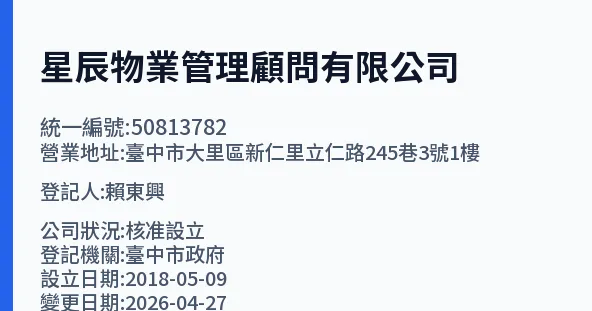 星辰物業管理顧問有限公司的照片-統編 50813782(臺中市) 公司登記資料與營業項目詳細圖表