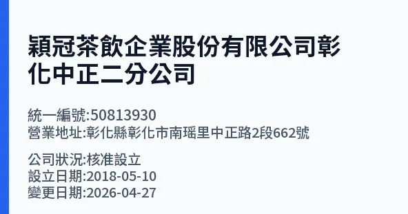 穎冠茶飲企業股份有限公司彰化中正二分公司的照片-統編 50813930(彰化縣) 公司登記資料與營業項目詳細圖表