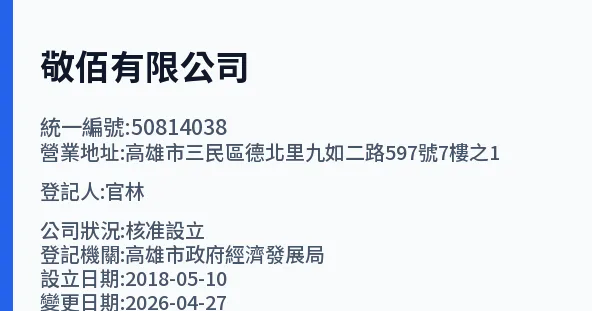 敬佰有限公司的照片-統編 50814038(高雄市) 公司登記資料與營業項目詳細圖表