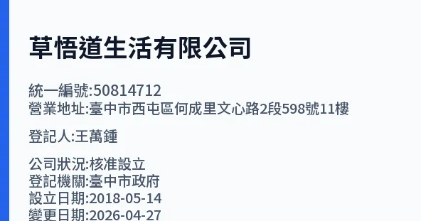 草悟道生活有限公司的照片-統編 50814712(臺中市) 公司登記資料與營業項目詳細圖表