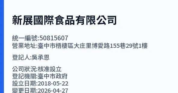 新展國際食品有限公司的照片-統編 50815607(臺中市) 公司登記資料與營業項目詳細圖表