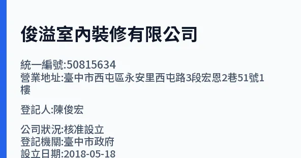 俊溢室內裝修有限公司的照片-統編 50815634(臺中市) 公司登記資料與營業項目詳細圖表