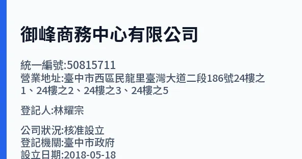 御峰商務中心有限公司的照片-統編 50815711(臺中市) 公司登記資料與營業項目詳細圖表