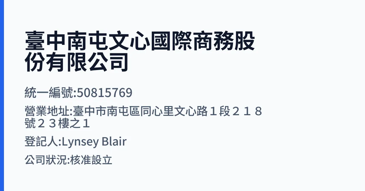 臺中南屯文心國際商務股份有限公司 - 統編 50815769(臺中市) 公司登記資料與營業項目詳細圖表