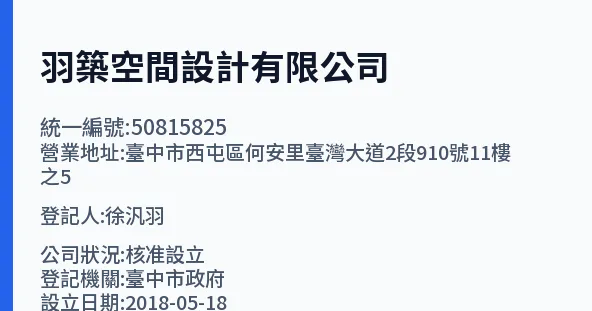 羽築空間設計有限公司的照片-統編 50815825(臺中市) 公司登記資料與營業項目詳細圖表