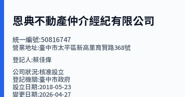 恩典不動產仲介經紀有限公司的照片-統編 50816747(臺中市) 公司登記資料與營業項目詳細圖表