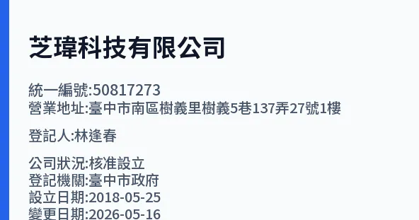 芝瑋科技有限公司的照片-統編 50817273(臺中市) 公司登記資料與營業項目詳細圖表