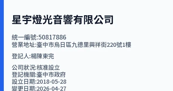 星宇燈光音響有限公司的照片-統編 50817886(臺中市) 公司登記資料與營業項目詳細圖表