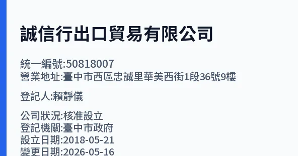 誠信行出口貿易有限公司的照片-統編 50818007(臺中市) 公司登記資料與營業項目詳細圖表