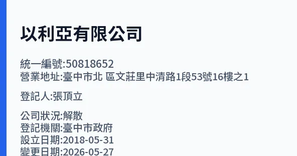 以利亞有限公司的照片-統編 50818652(臺中市) 公司登記資料與營業項目詳細圖表