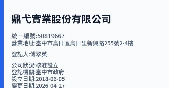 鼎弋實業股份有限公司的照片-統編 50819667(臺中市) 公司登記資料與營業項目詳細圖表