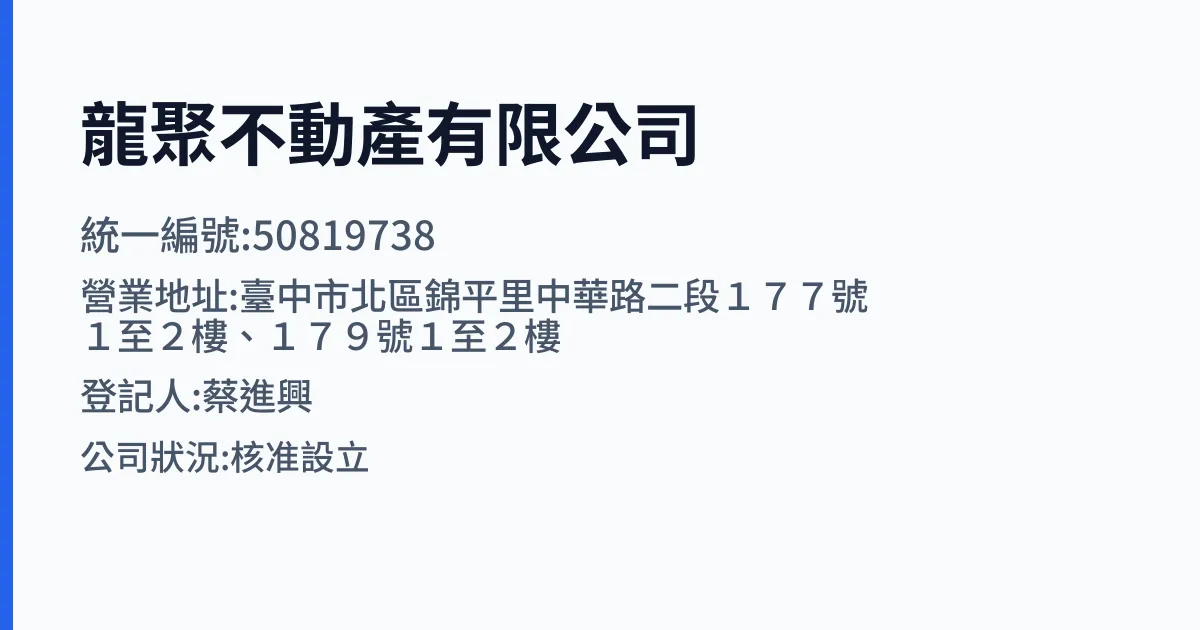 龍聚不動產有限公司 - 統編 50819738(臺中市) 公司登記資料與營業項目詳細圖表