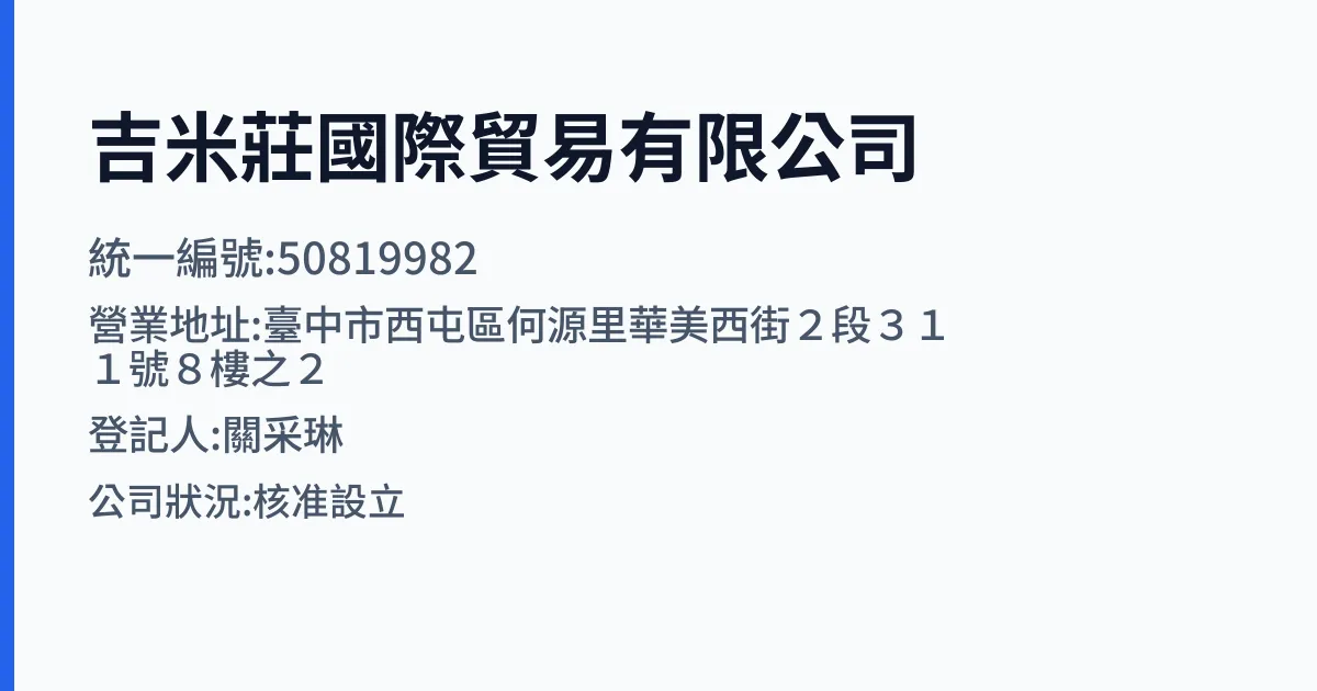 吉米莊國際貿易有限公司 - 統編 50819982(臺中市) 公司登記資料與營業項目詳細圖表