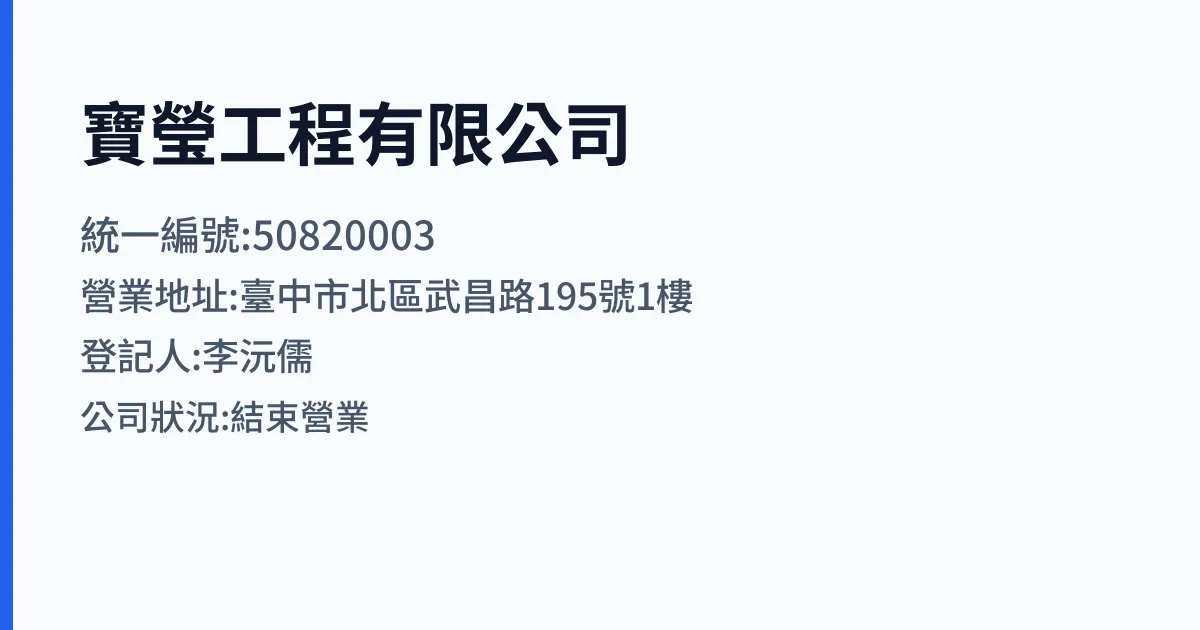 寶瑩工程有限公司 - 統編 50820003(臺中市) 公司登記資料與營業項目詳細圖表