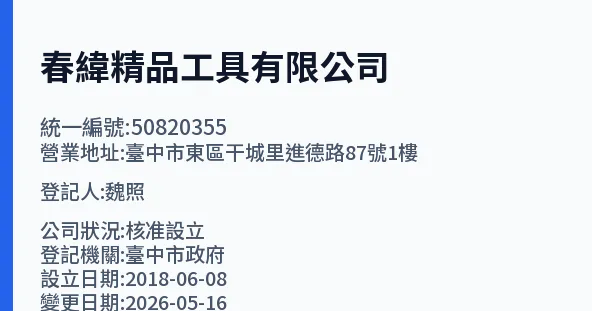 春緯精品工具有限公司的照片-統編 50820355(臺中市) 公司登記資料與營業項目詳細圖表