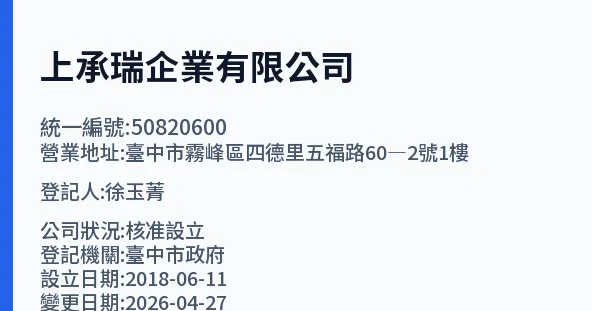 上承瑞企業有限公司的照片-統編 50820600(臺中市) 公司登記資料與營業項目詳細圖表