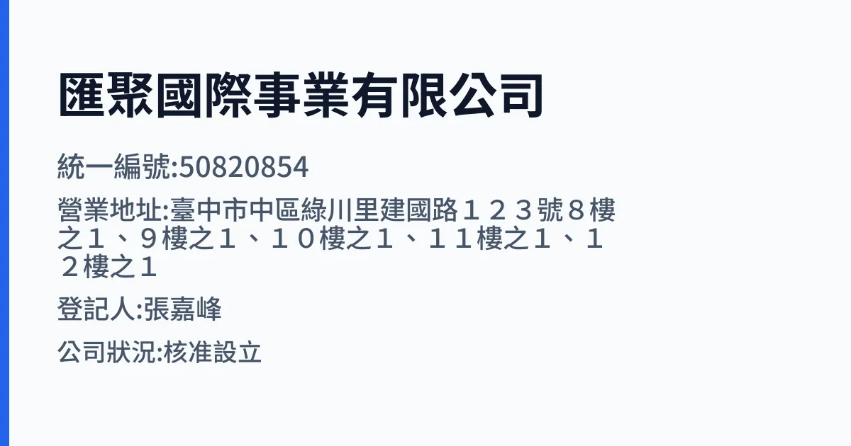 匯聚國際事業有限公司 - 統編 50820854(臺中市) 公司登記資料與營業項目詳細圖表