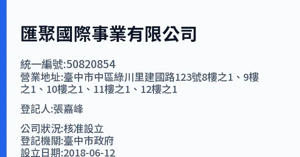 匯聚國際事業有限公司的照片-統編 50820854(臺中市) 公司登記資料與營業項目詳細圖表