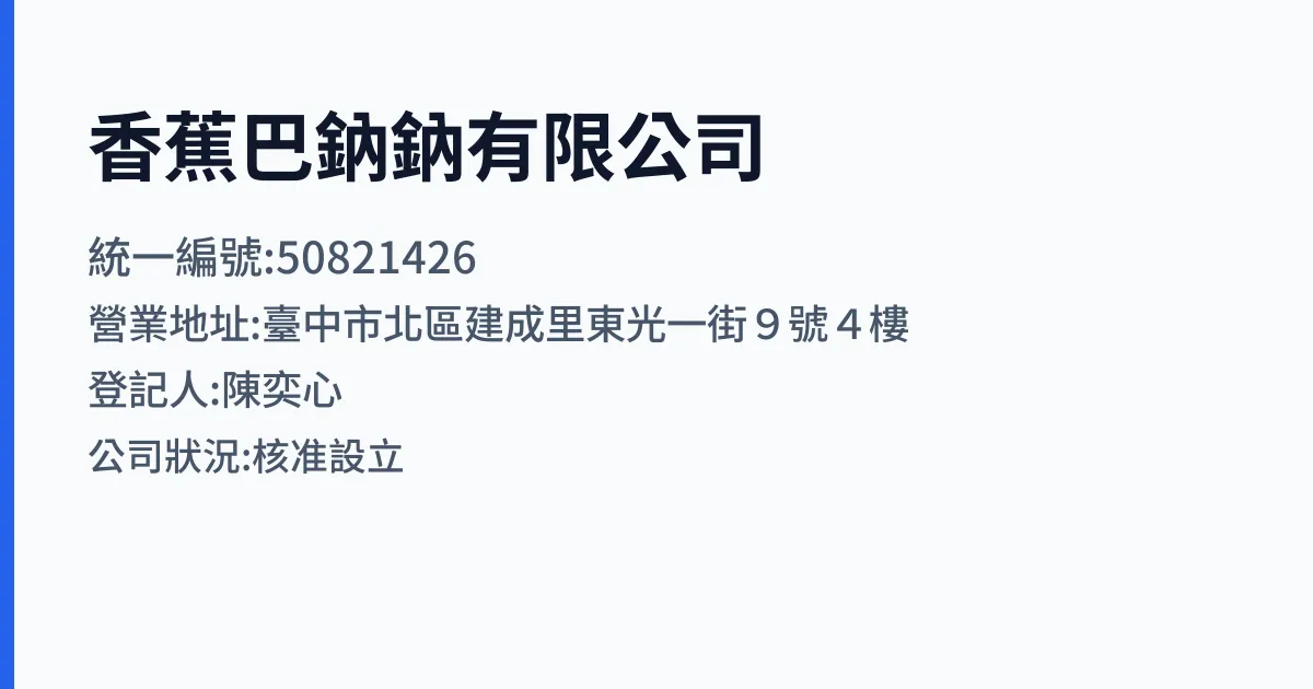 香蕉巴鈉鈉有限公司 - 統編 50821426(臺中市) 公司登記資料與營業項目詳細圖表