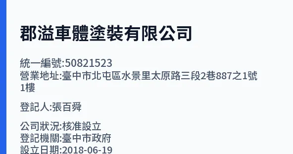 郡溢車體塗裝有限公司的照片-統編 50821523(臺中市) 公司登記資料與營業項目詳細圖表