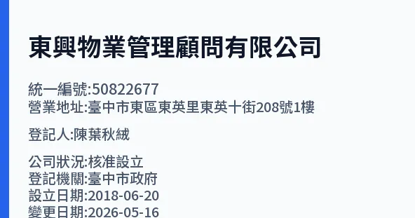 東興物業管理顧問有限公司的照片-統編 50822677(臺中市) 公司登記資料與營業項目詳細圖表