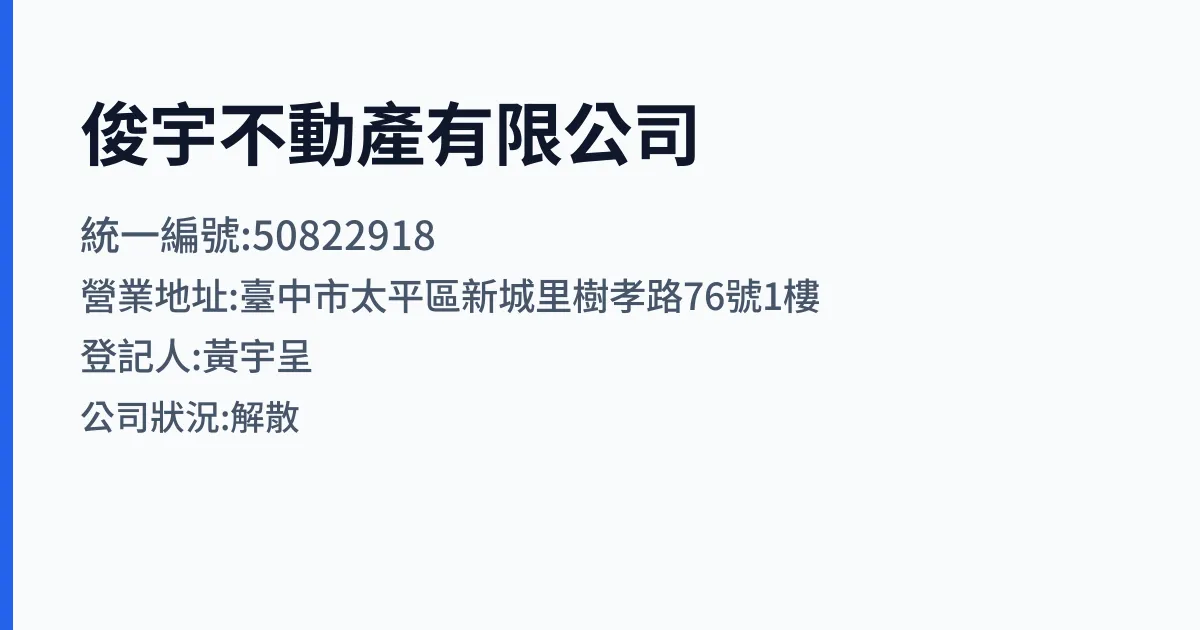 俊宇不動產有限公司 - 統編 50822918(臺中市) 公司登記資料與營業項目詳細圖表